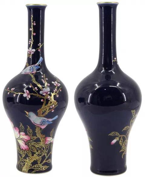 霁蓝釉描金粉彩花鸟纹细颈瓶(乾隆款)_瓷器 霁蓝釉描金粉彩花鸟纹细颈瓶(乾隆款)_瓷器