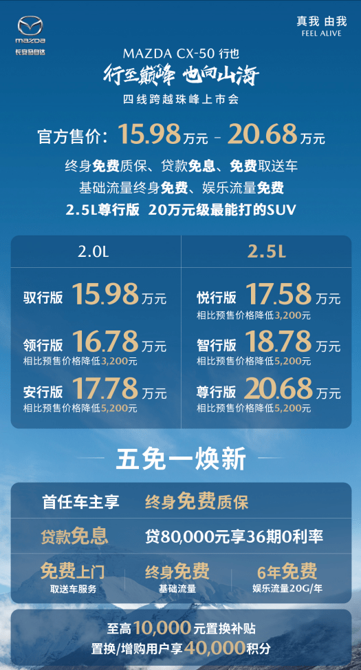 售价15.98万—20.68万元，长安马自达MAZDA CX-50行也珠峰上市_搜狐汽车_搜狐网