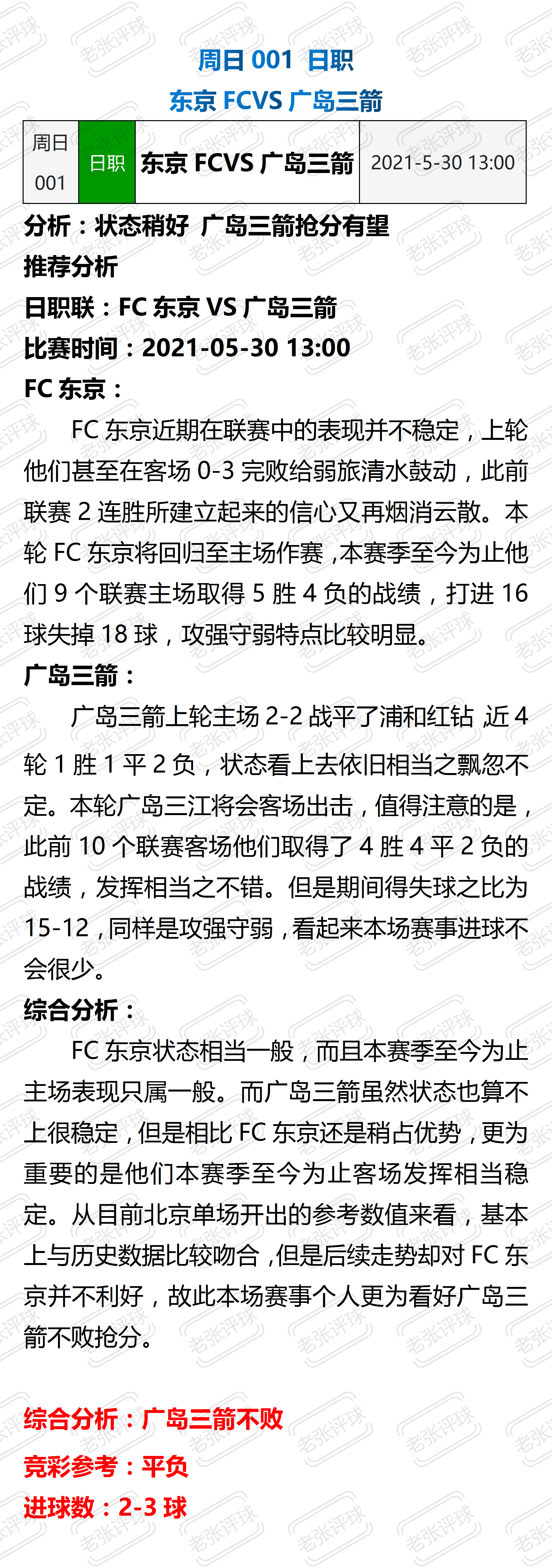 【老张评球】5月30日，周六热门比赛推荐！东京FCVS广岛三箭 新泻天鹅VS琉球FC_参考