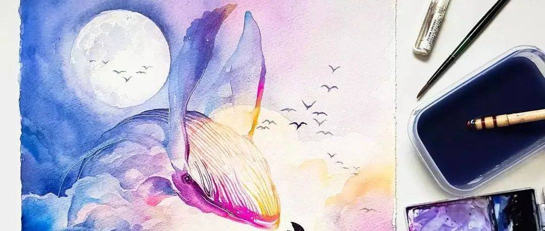 水彩画鲸鱼、海豚、梅花鹿五彩斑斓_Reza_mul_Jongkie