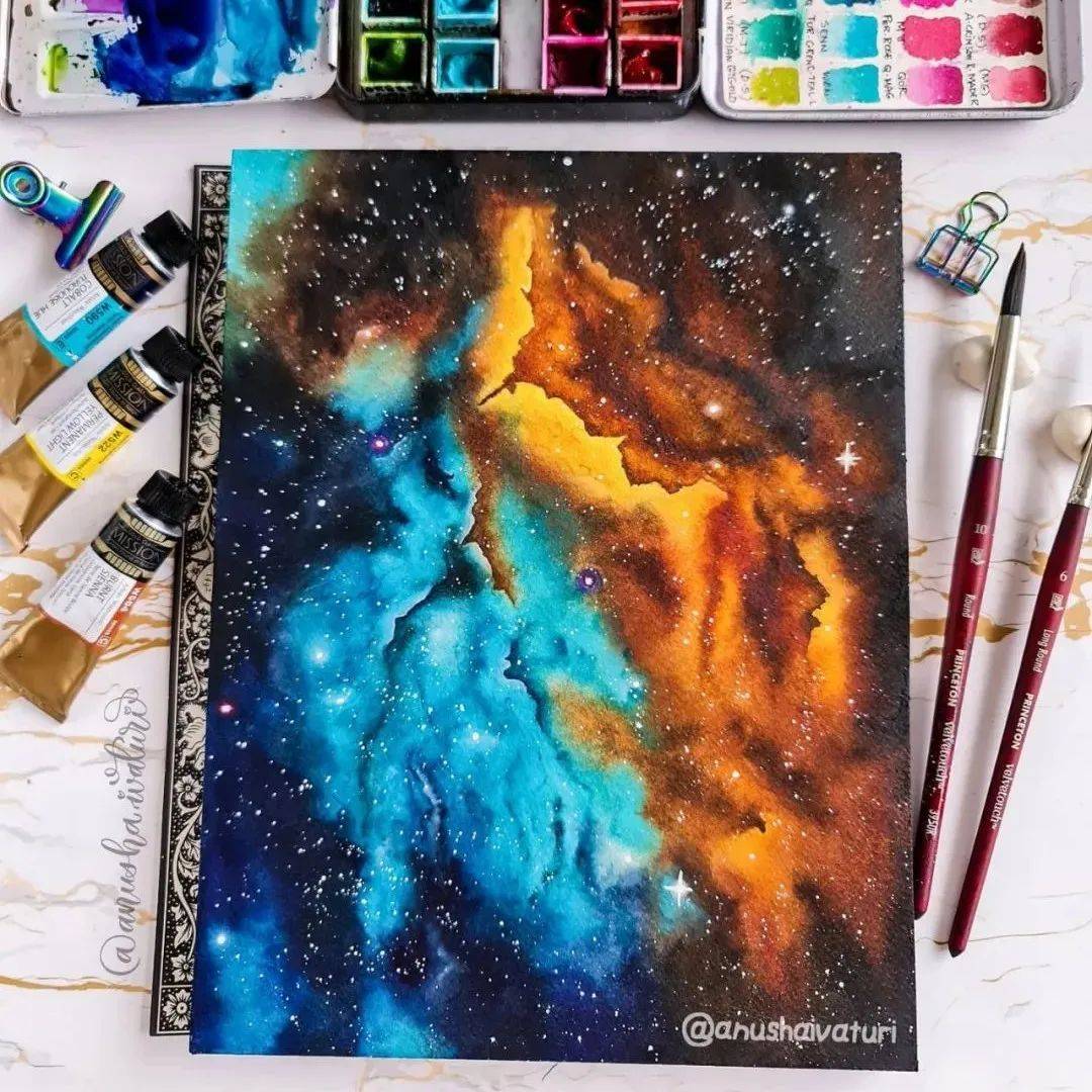 第一次见美爆的水彩宇宙！无与伦比的绚烂璀璨，亮瞎110w人眼！_作品_世界_画笔