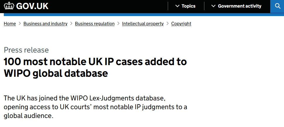 境外资讯 | 英国知识产权判例加入WIPO全球数据库_保护_直播_方法