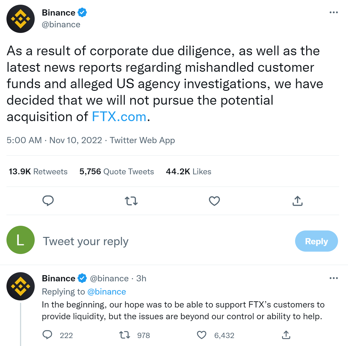 发生了什么？一天不到，FTX就遭币安弃购？加密货币全线下挫，FTX代币大跌60%，比特币下滑近14%_Sam_流动性_收购