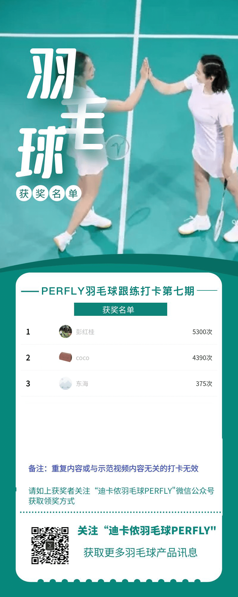 PERFLY 羽毛球打卡跟练第七期获奖名单发布_迪卡侬_动作_球友