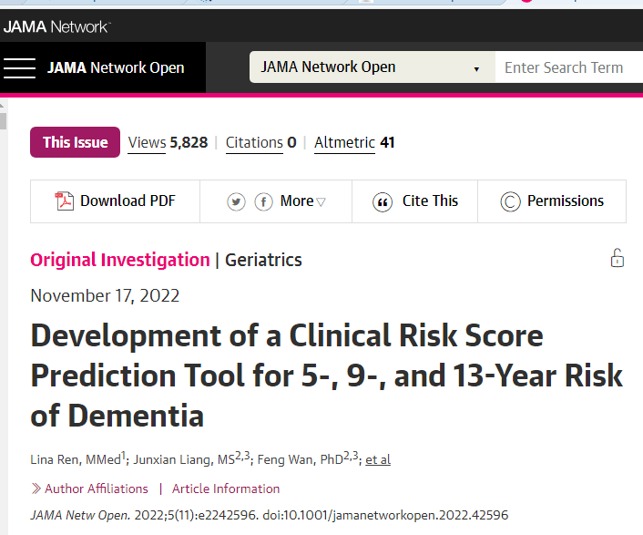 JAMA Network Open：中国科学家开发出能帮助预测个体患痴呆症风险的新型工具_男性_评分_女性
