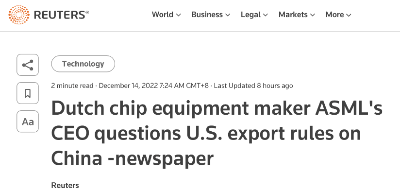 外媒：荷光刻机巨头质疑——美国限制我们出口中国，美企却可以芯片荷兰温彼得