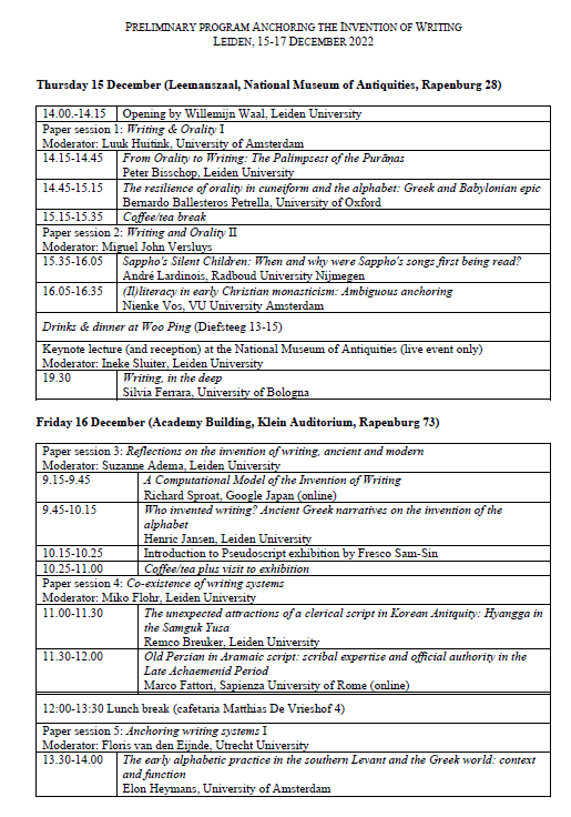 【学闻】PRELIMINARY PROGRAM ANCHORING THE INVENTION OF WRITINGLEIDEN