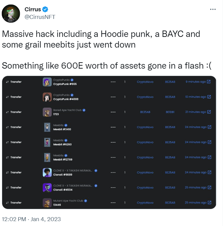 疑似出现针对 CryptoPunk、BAYC 等 NFT 的大规模黑客攻击，损失 NFT 价值已超 600 ETH_Cirrus_ZachXBT_用户
