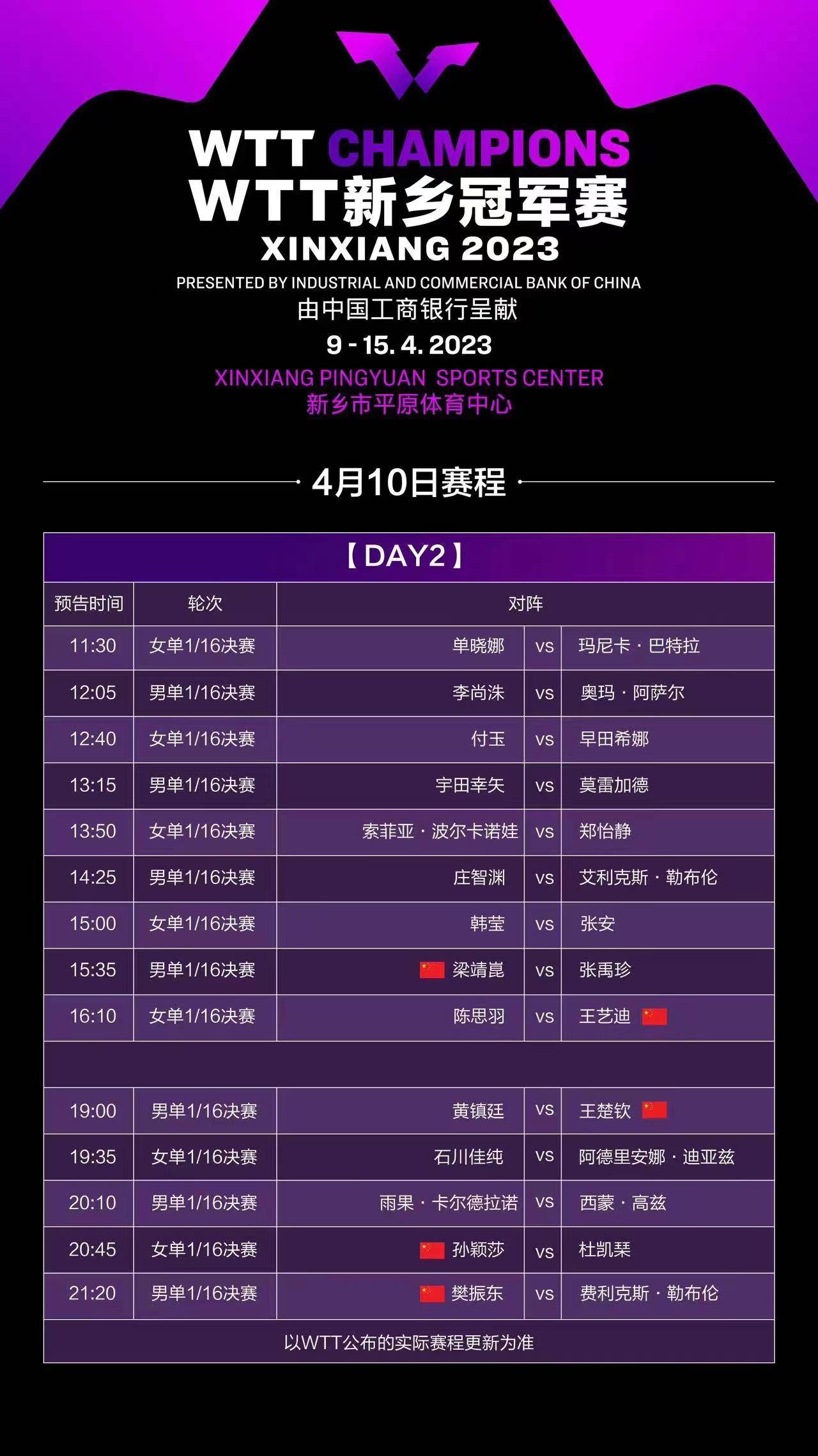 WTT新乡冠军赛丨4月10日赛程：5名国乒选手出战_决赛_比赛_女单