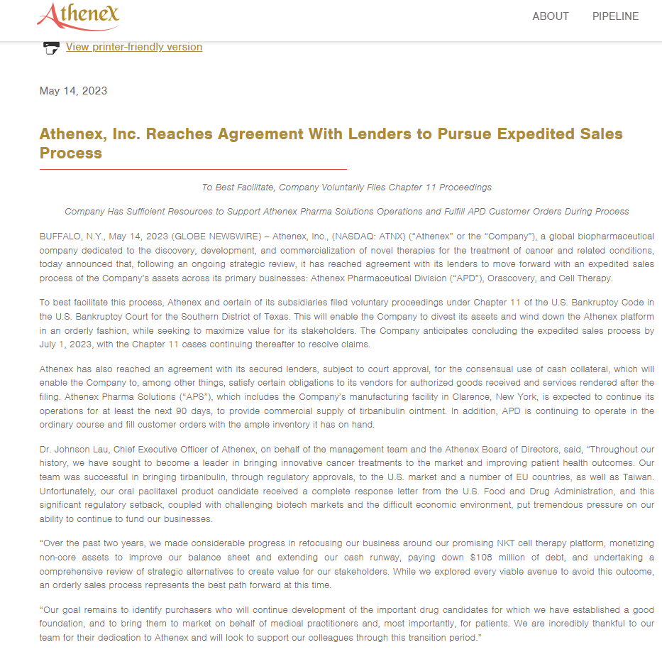 马化腾也有参投，一家上市跨国生物制药公司宣布破产_Athenex_临床_细胞