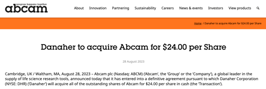 丹纳赫以57亿美元收购英国抗体之王Abcam_Milner_公司_博士