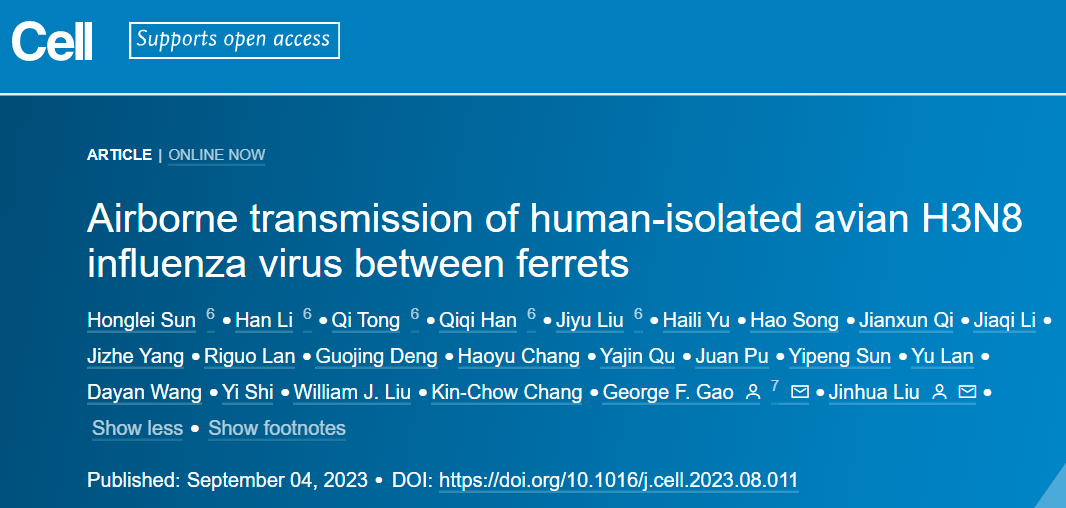 Cell | 刘金华/高福团队合作发现禽流感病毒H3N8感染人的潜在机理_传播_中国_微生物研究所